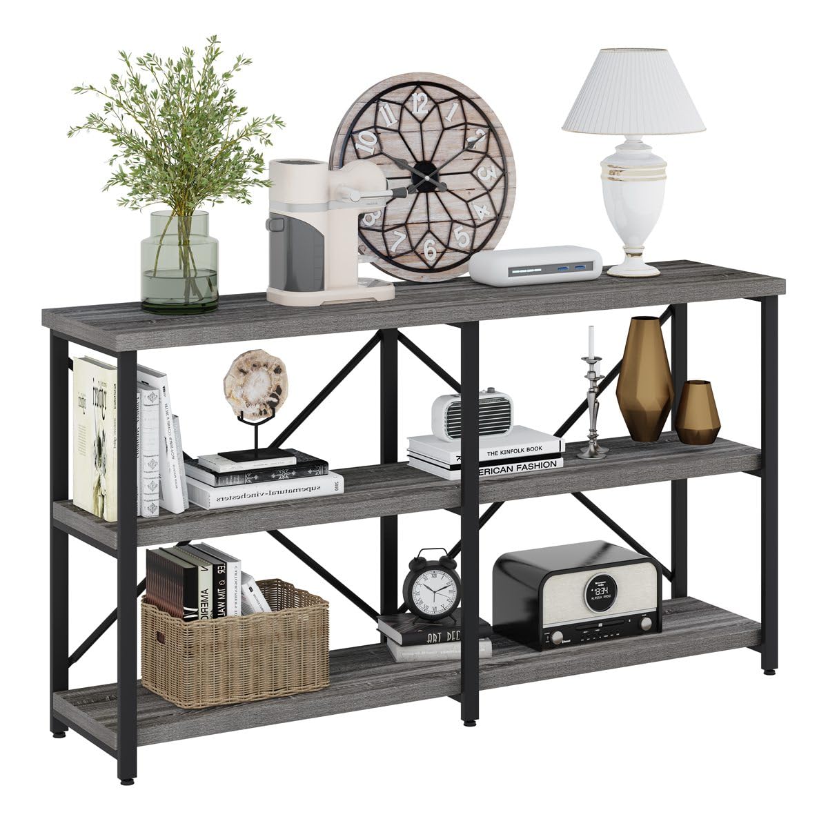 BON AUGURE Rustic Console Table Behind Sofa, Industrial Entryway Table with Storage Shelves, 3 Tier Long Bookshelf for Entry (55 Inch, Dark Grey Oak)