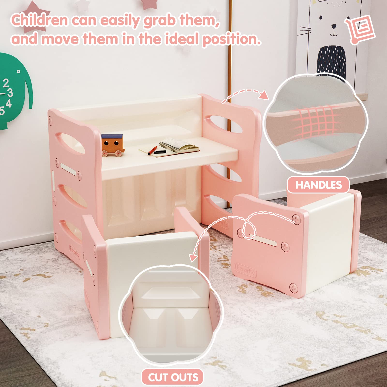 Benarita Kids Table and 2 Chairs Set, Plastic Activity Table for Toddler Reading, Arts, Crafts, Homework, with Storage Space