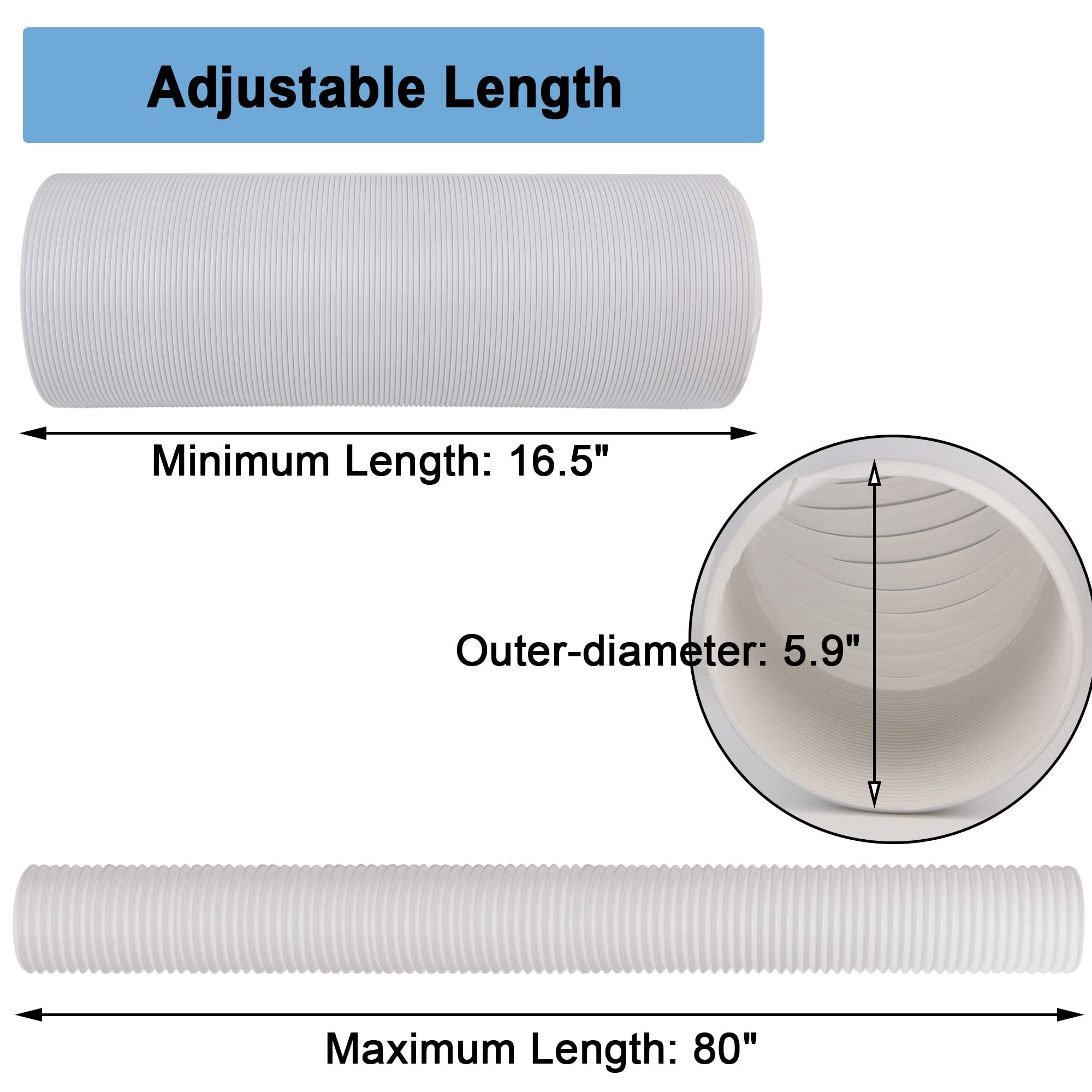 Cllayees Air Conditioner Hose Portable Exhaust Vent, 5.9" Diameter 80" Length Anti-Clockwise Thread, Expandable AC Universal Hose Compatible with Most Portable Air Conditioners
