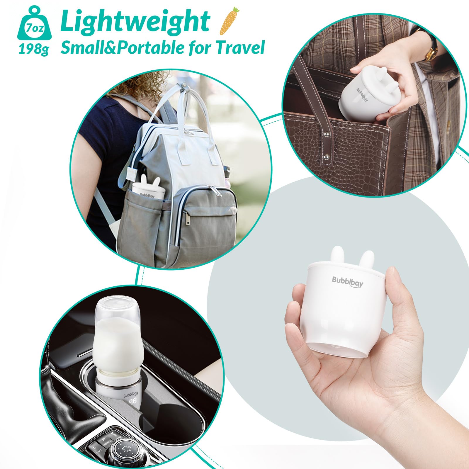 Bubblbay Portable Bottle Warmer,104° Digital Thermostat Baby Bottle Warmer with Upgraded 5 Adapters Leak-Proof Design,Wireless LED Display Travel Bottle Warmer for Breastmilk or Formula