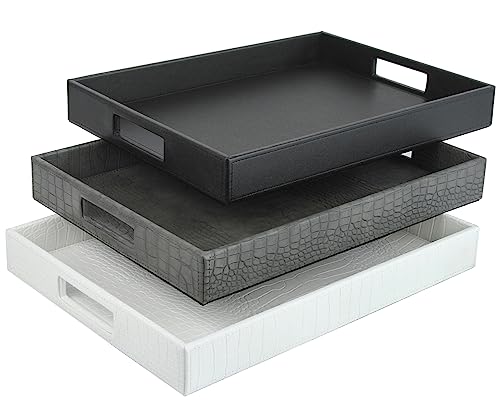 HofferRuffer Rectangle Serving Tray with Hole Handles for Coffee Table, Breakfast, Tea, Food, Butler - Countertop, Kitchen, Vanity Serve Tray, 16.2 x 12.2 x 2 inches, Faux Leather Tray (Black)