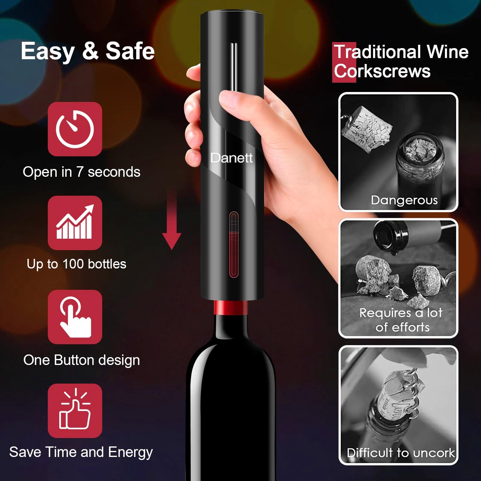 Danett Electric Wine Opener Set - Automatic Corkscrew Opener with Foil Cutter, Pourer, and Vacuum Stoppers - Battery Operated - 4-in-1 Wine Accessories Kit-for Wine Lovers