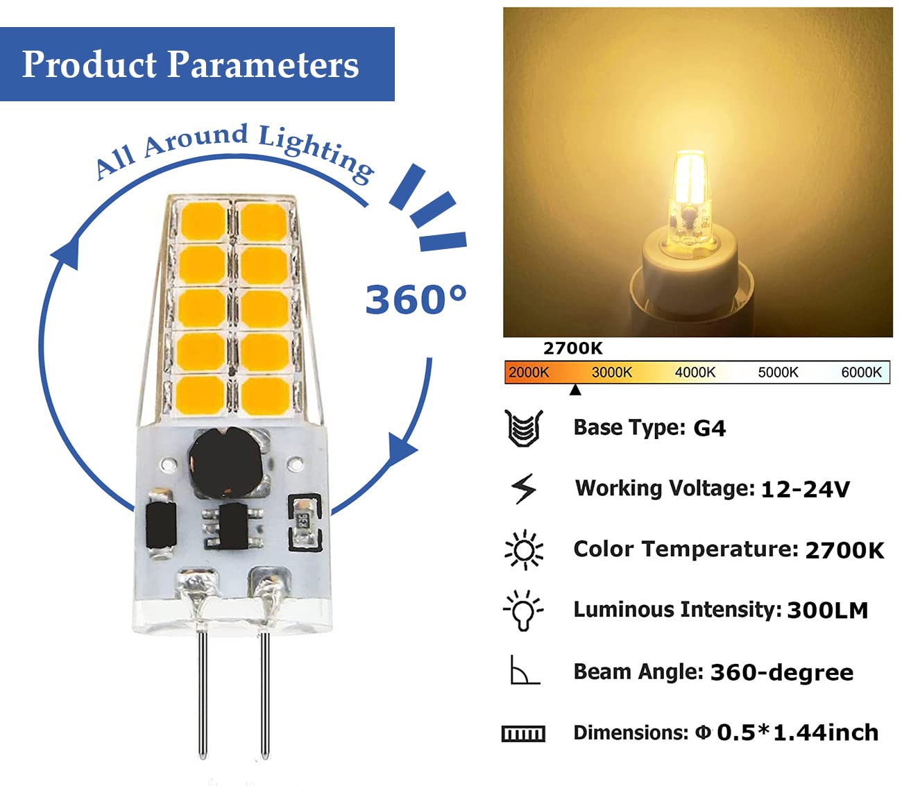 Dimmable G4 LED Bulb 12V 24V JC Tybe, 20-30W T3 G4 Halogen Equivalent,2700K Warm White, G4 Bi-Pin Base, 300LM, Chandelier Lighting/Landscape Lighting/Microwave Lighting 10pcs
