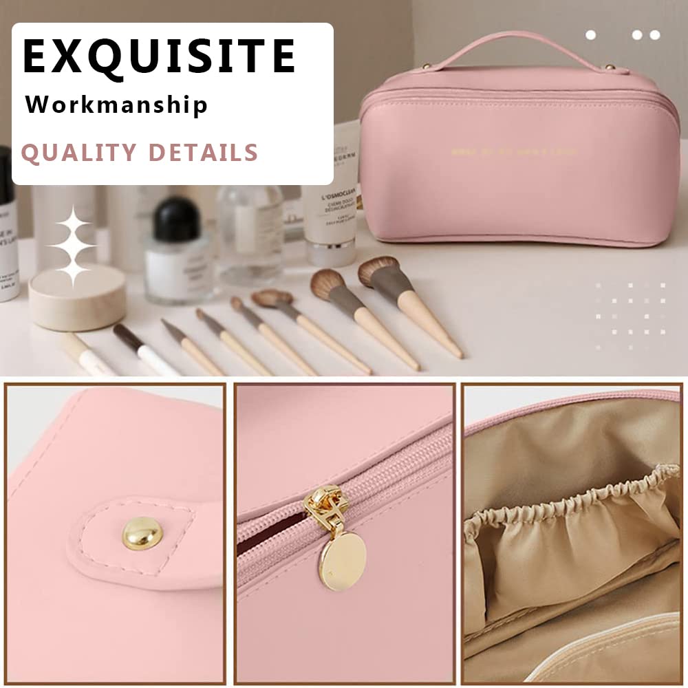 DAFUZ Makeup Bag - Large Capacity Travel Cosmetic Bag, Multifunctional Storage Leather Makeup Bag, with Handle and Divider Waterproof Travel Cosmetic Bag (Pink)