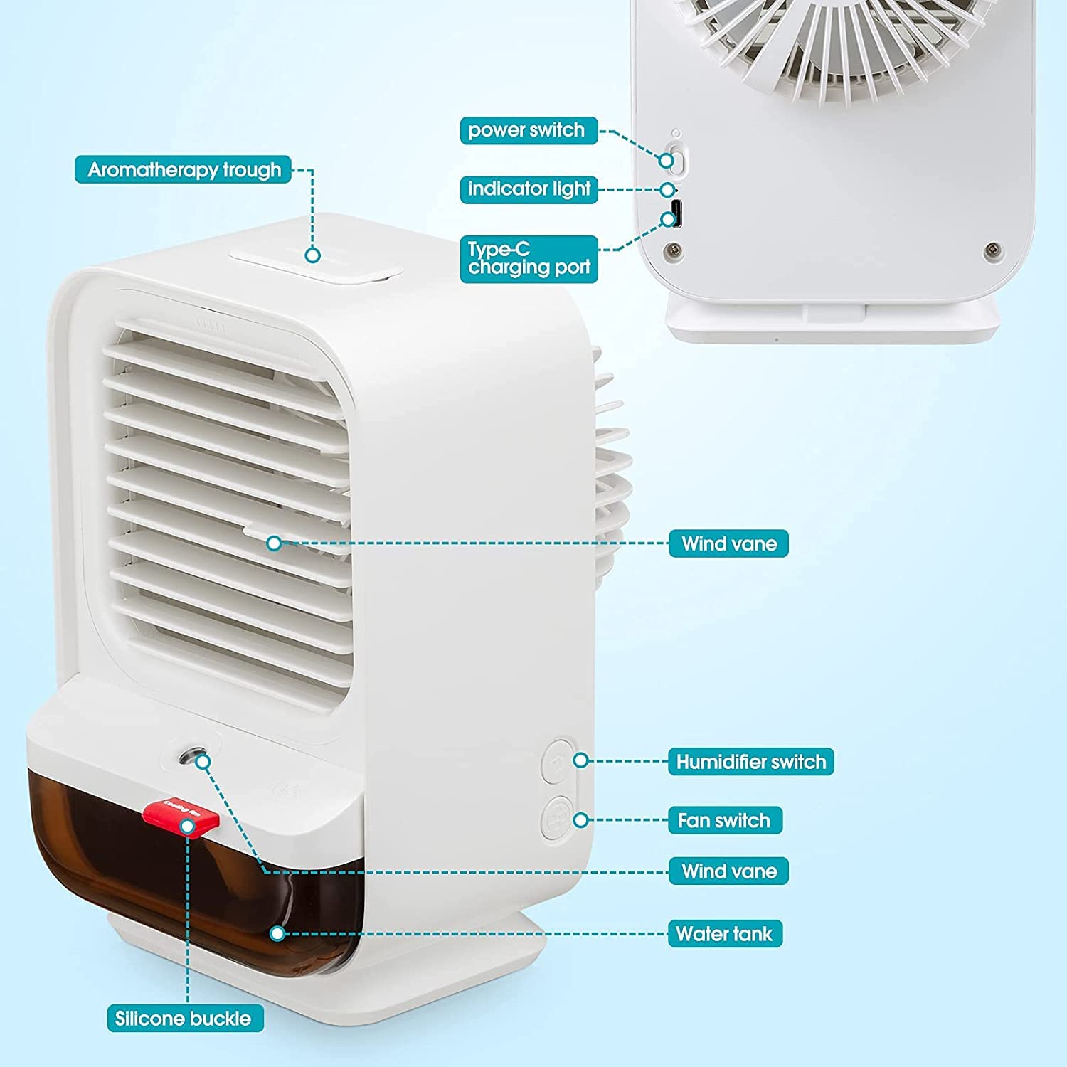 BENBOAR Portable Air Conditioner Fan, Desktop Air Cooler with Automatic Rotation & Water Tank Evaporative Humidifier, Cold Mist Humidifier Atomizer with Warm Night Light, 4000 mAh Power (Desktop fan)