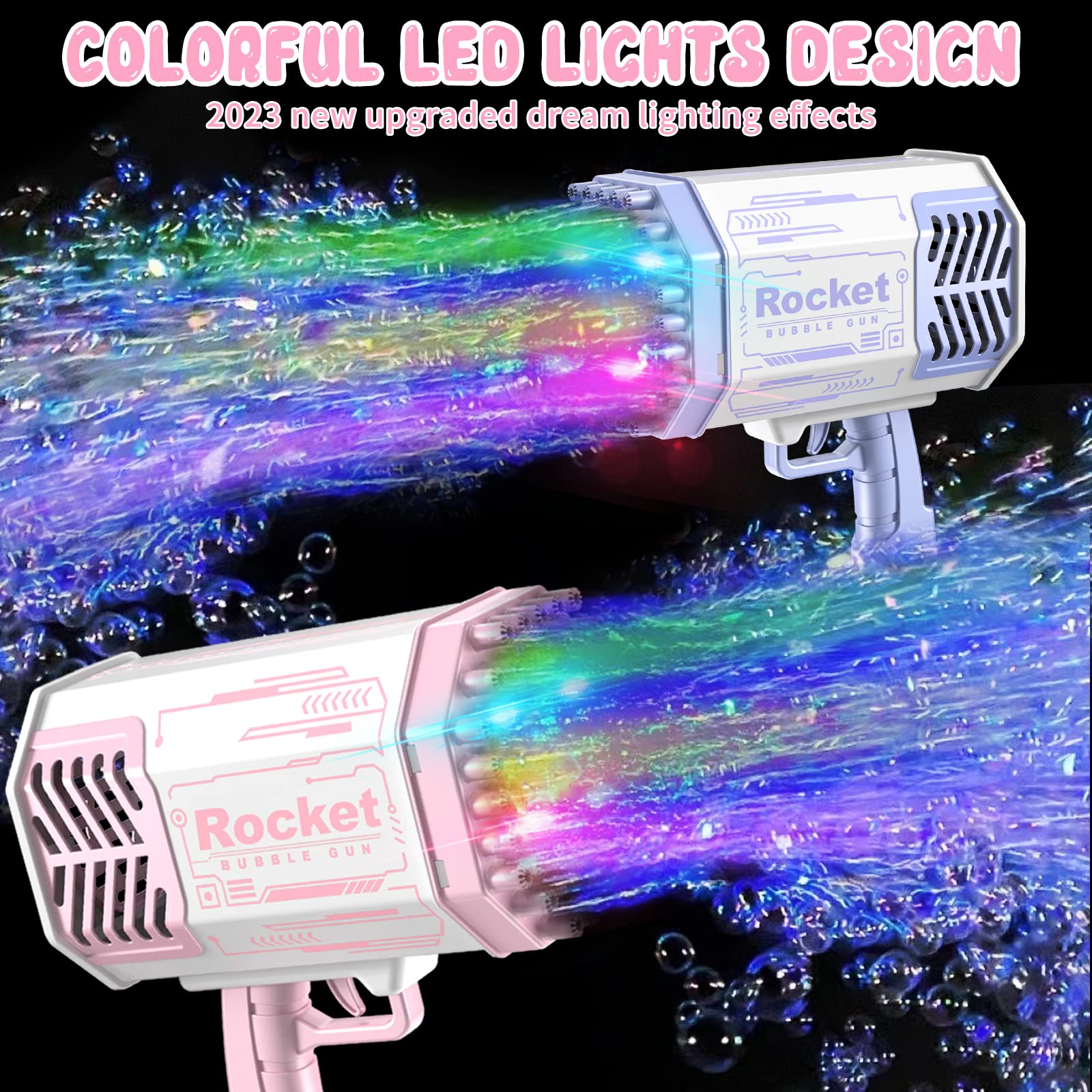 Bubble Gun with Light/2 Bottles Bubble Solution (30 Packs Extra Bubble Solution), 69 Holes Bubble Machine Gun for Kids Adults, Bubble Maker, Summer Toy Gift for Outdoor Indoor Birthday Wedding Party