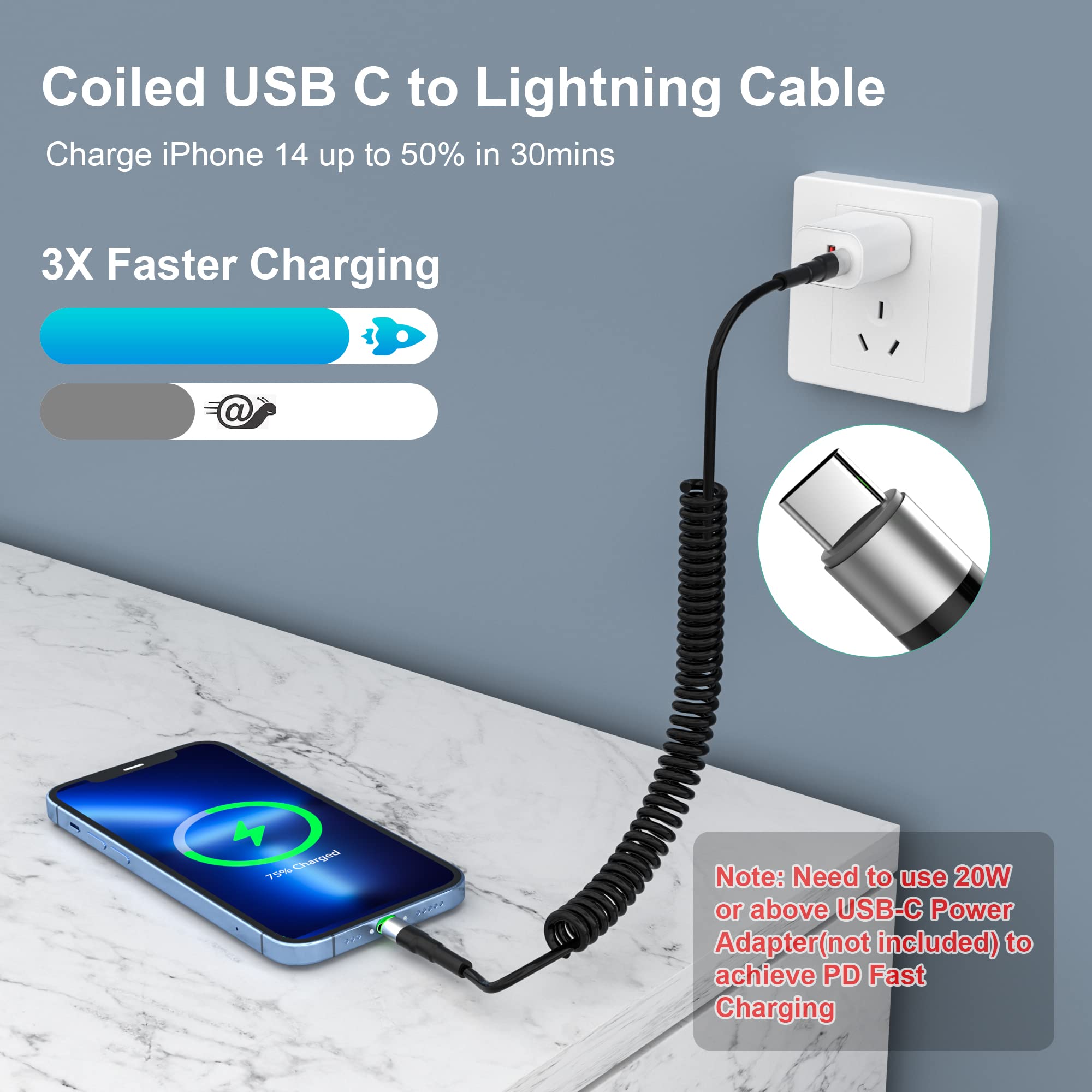 Coiled USB C to Lightning Cable with Apple Carplay, Coiled iPhone Charger Cable [MFi Certified] Apple Carplay Cable Short Retractable iPhone Lightning Charger Cord with LED for iPhone, iPad, iPod