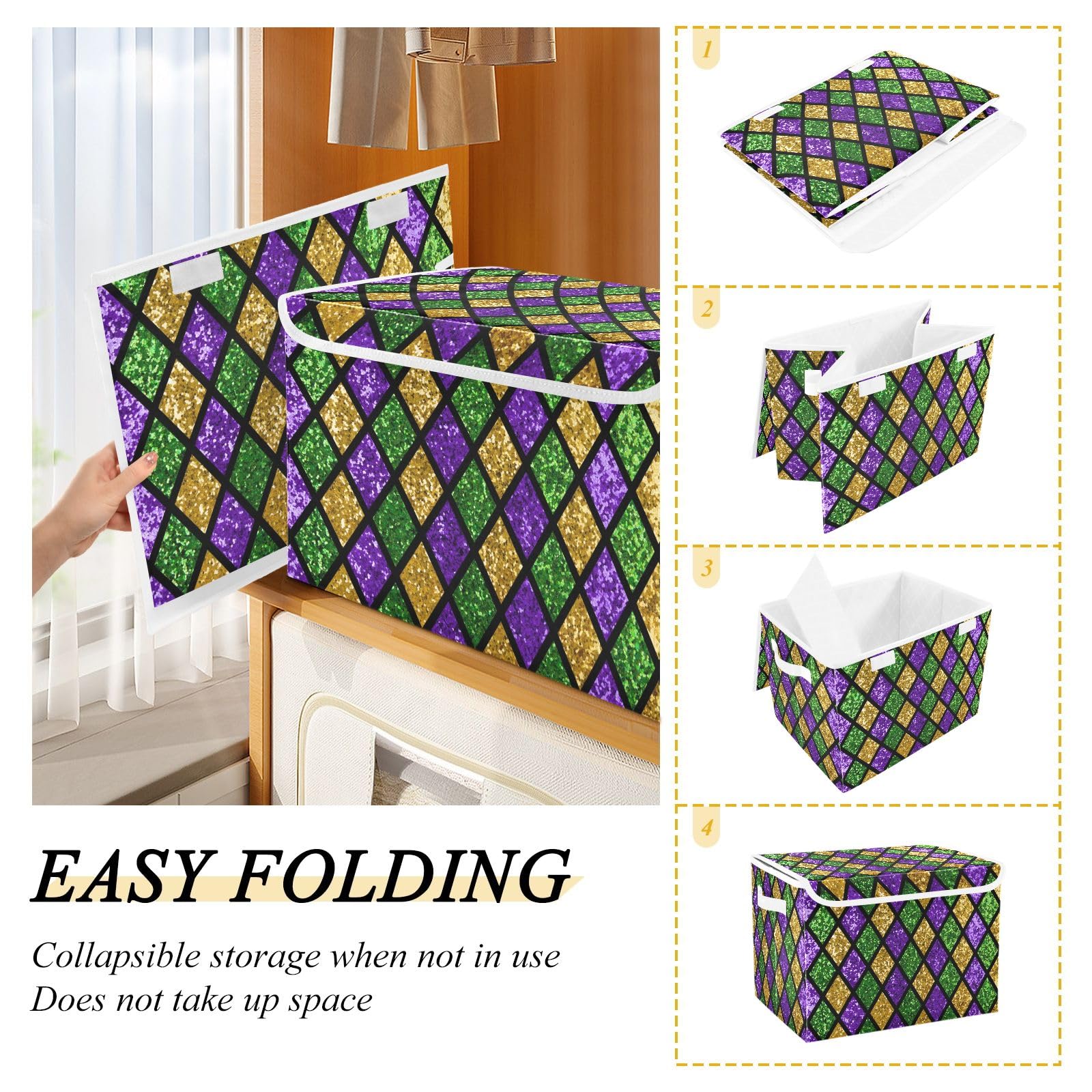 Joisal Shiny Paillettes Fabric Storage Box with Lid Blanket Storage for Closet