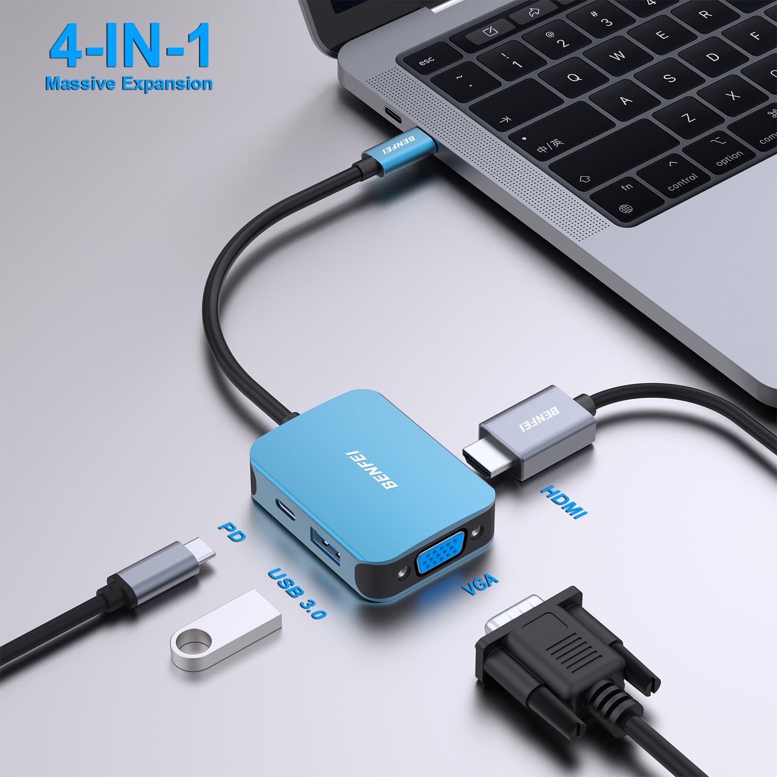 BENFEI USB C HUB 4in1, USB Type-C to HDMI VGA Adapter, USB C to USB Adapter, USB Type-C Power Delivery, Compatible with iPhone 15 Pro/Max, MacBook Pro/Air 2023, iPad Pro, iMac, S23, XPS 17
