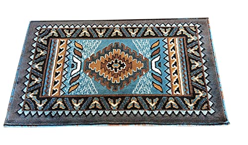 Southwest Native American Doorway Mat Area Rug Blue & Brown Design D143 (2 feet X 3 feet 4 inches)