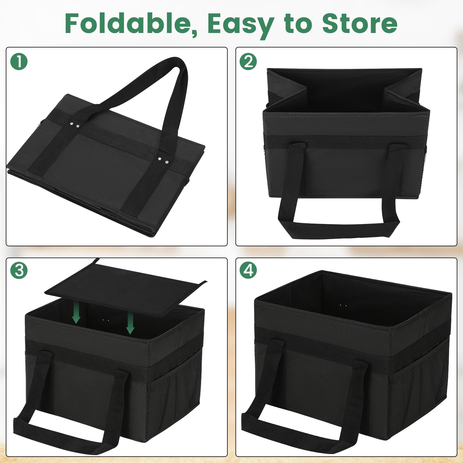 Carbrea Reusable Grocery Bags - 3 Pack Foldable Shopping Bags with 2 Side Mesh Pockets Utility Tote Bag with Widened Webbing for Groceries Storage Shopping Picnic - Black