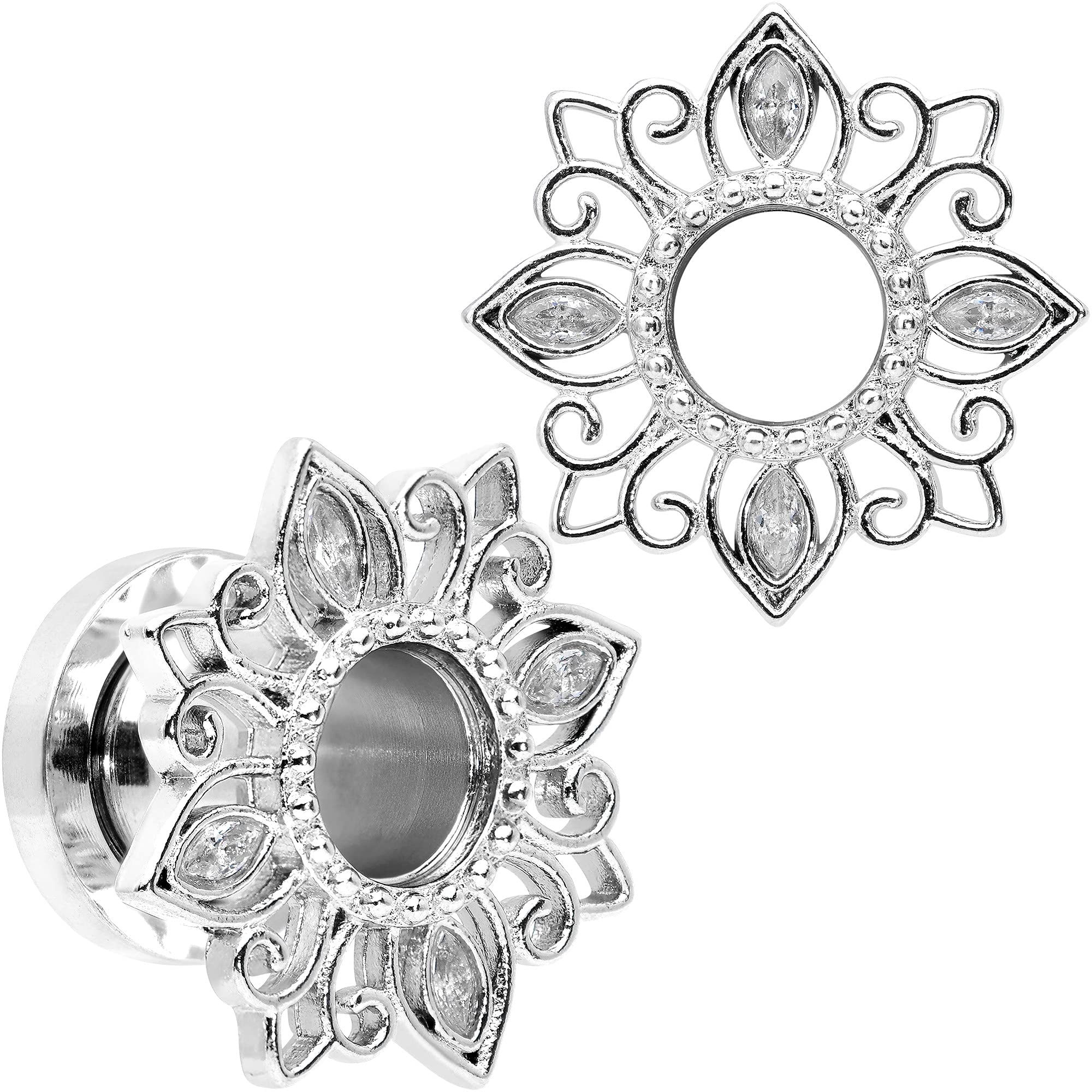 Body Candy Womens 2Pc Steel Clear Lotus Flower 7/16" Double Flare Screw Fit Tunnel Plug Ear Plug Gauges Set