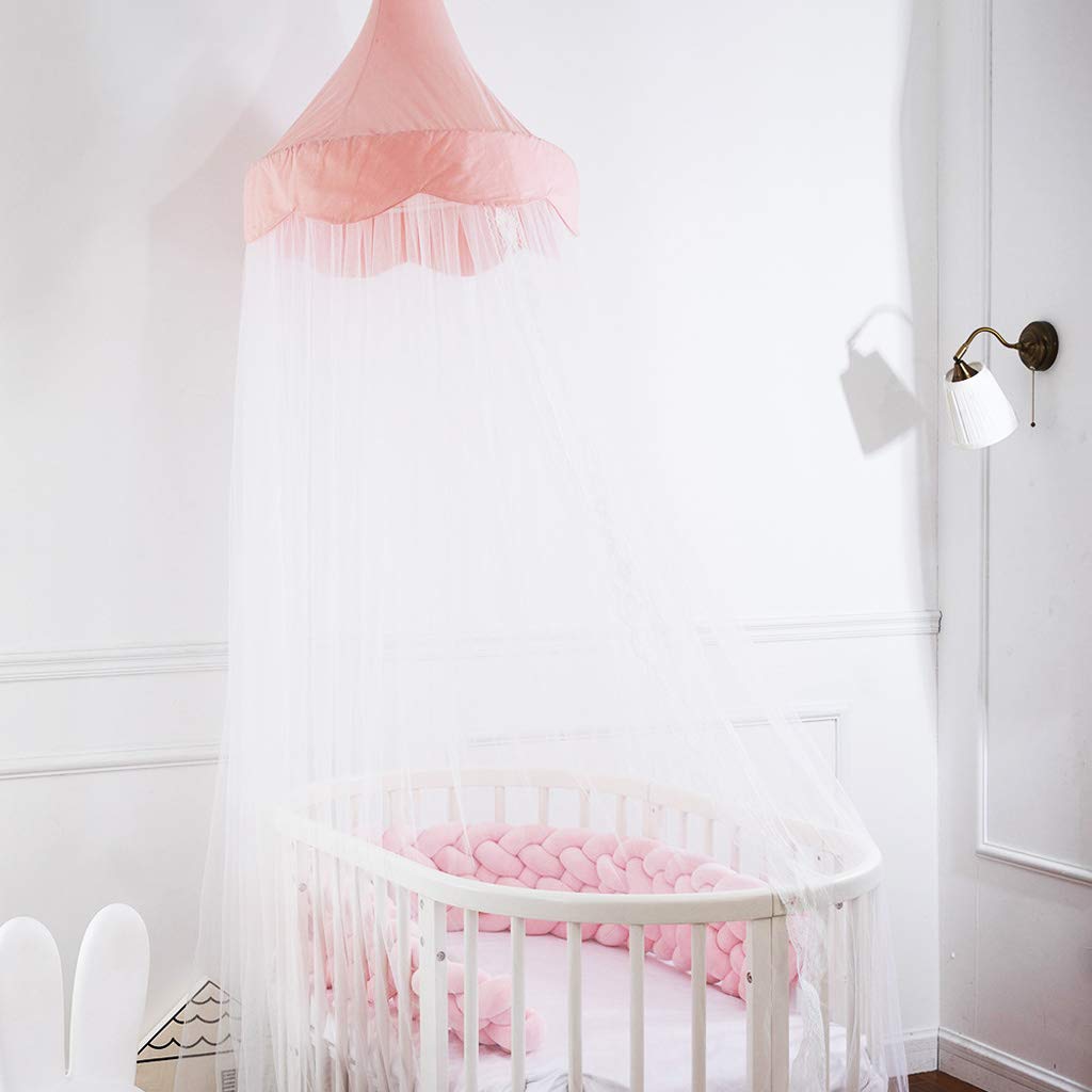 Bed Canopy Princess Crib Netting Lace Round Dome Mosquito Net Hanging Canopy for Baby Room Nersury Decoration Game House Tent, Pink