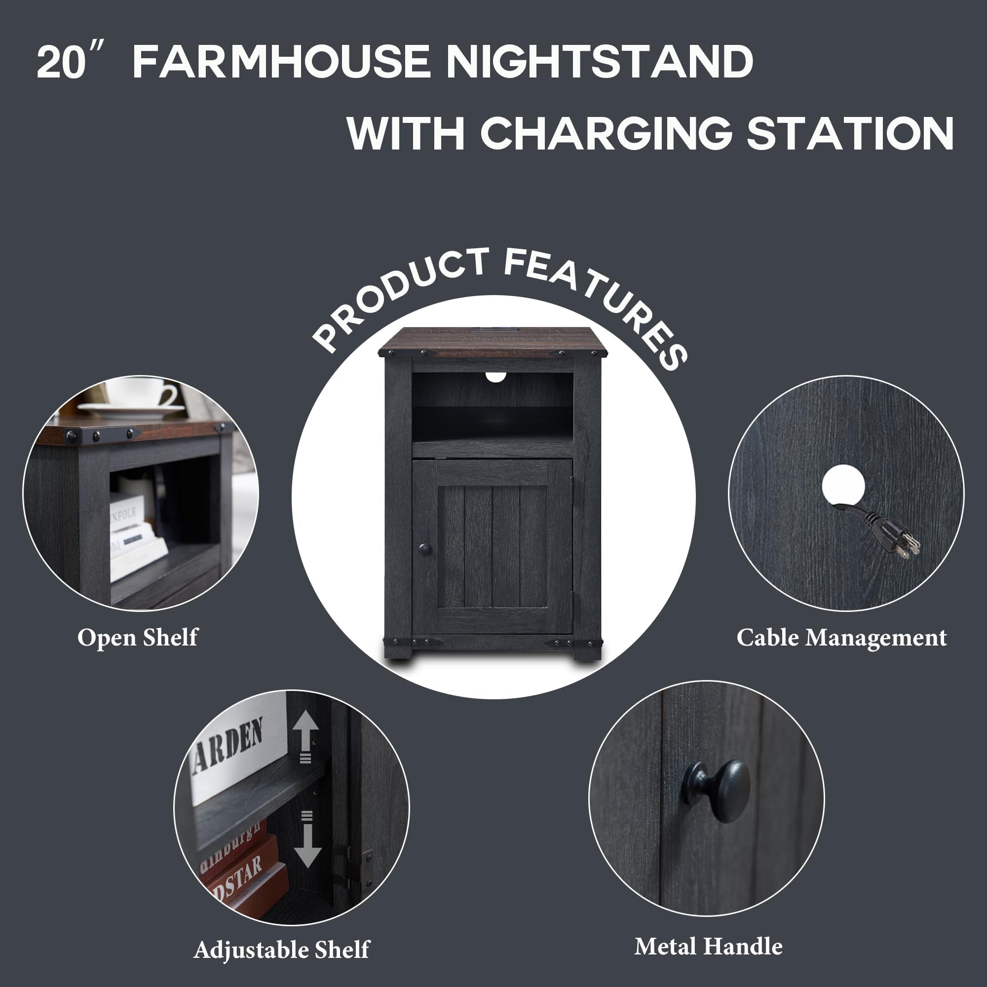 IFGET Farmhouse End Table with Charging Station, 20" Nightstand w/Groove Barn Door, Rustic Wood Bedside Table, Side Table with Storage w/Open & Adjustable Shelf for Bedroom, Living Room (Dark Grey)