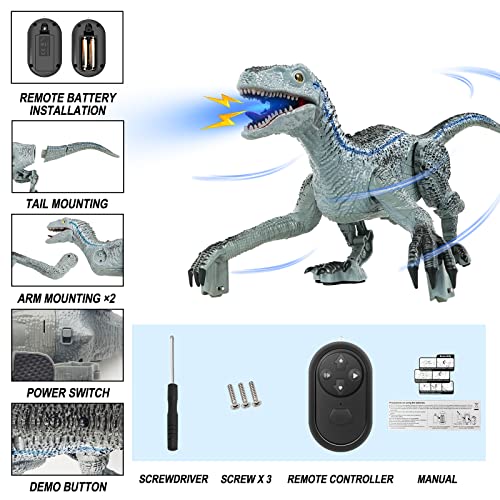 GAROERFA Remote Control Dinosaur Toys for Kids Boys 3 4 5 6 7,RC Walking Velociraptor,3D Eyes & Roaring Sounds, All in One:1 Big and 3 Small Dinosaurs