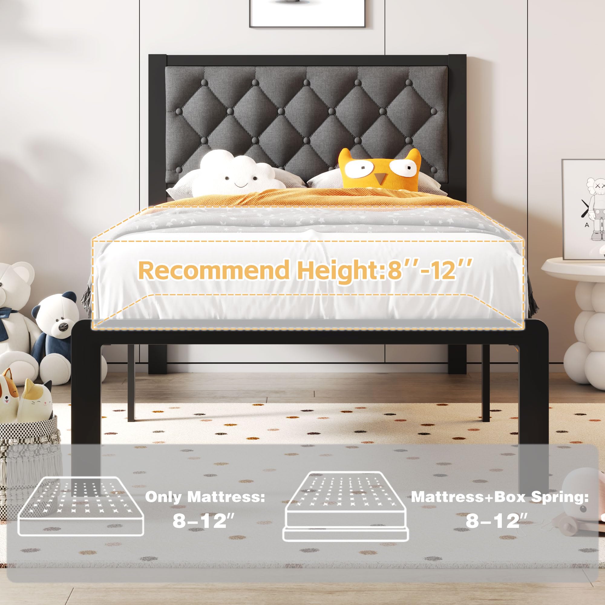 Fluest Full Bed Frame with Headboard PU Leather Upholstered Bed Frame Platform,All Metal Slats Support Platform Bed Frame with Storage Space,Easy Assembly,Noise Free,No Box Spring Needed,Grey