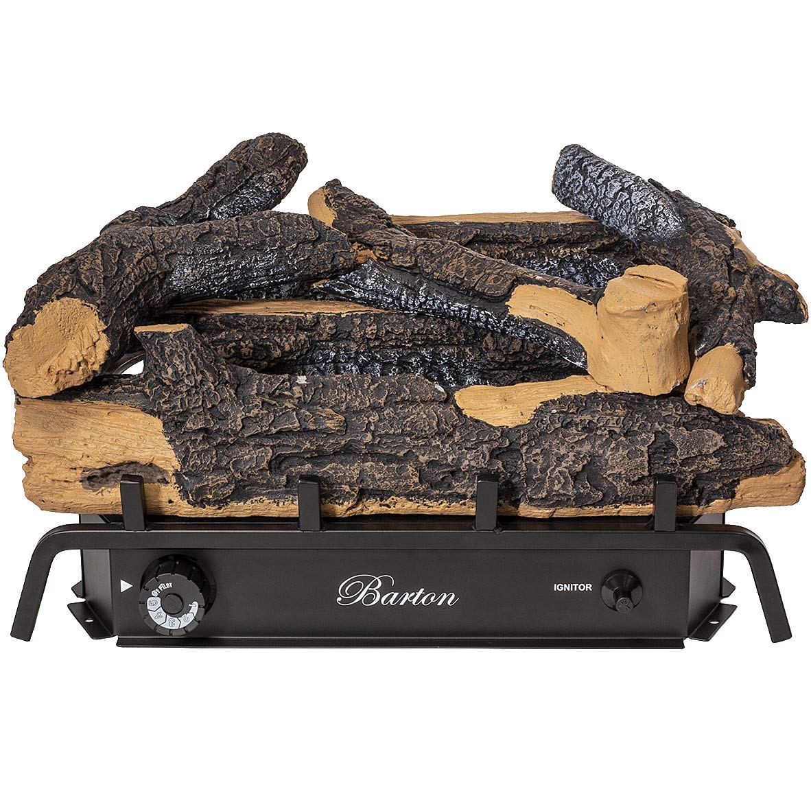 Barton 24" Premium Ceramic Log Set w/Adjustable Dual Burner 32,000 BTU Vent-Free Natural Gas Glowing Ember ANSI Indoor Fireplace Fire Wood Fake Realistic