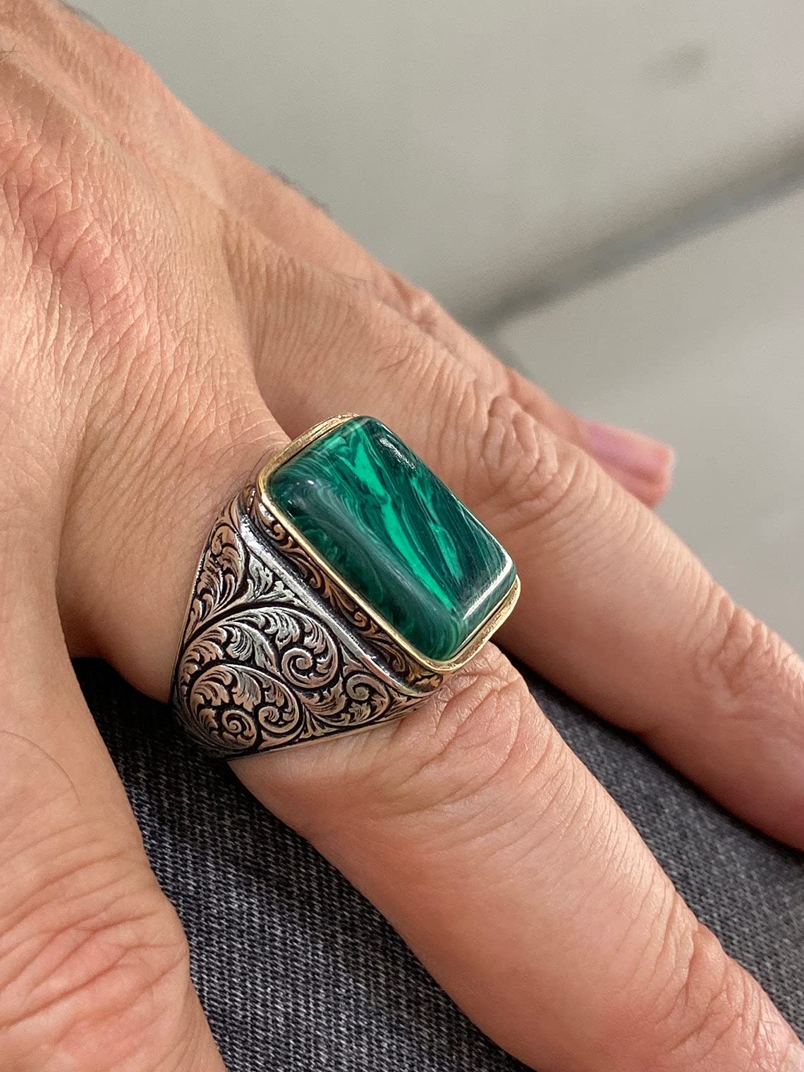 Malachite Gemstone Ring, Men Handmade Ring, Turkısh Handmade Ring, Embroidered Ring, Ottoman Jewelry