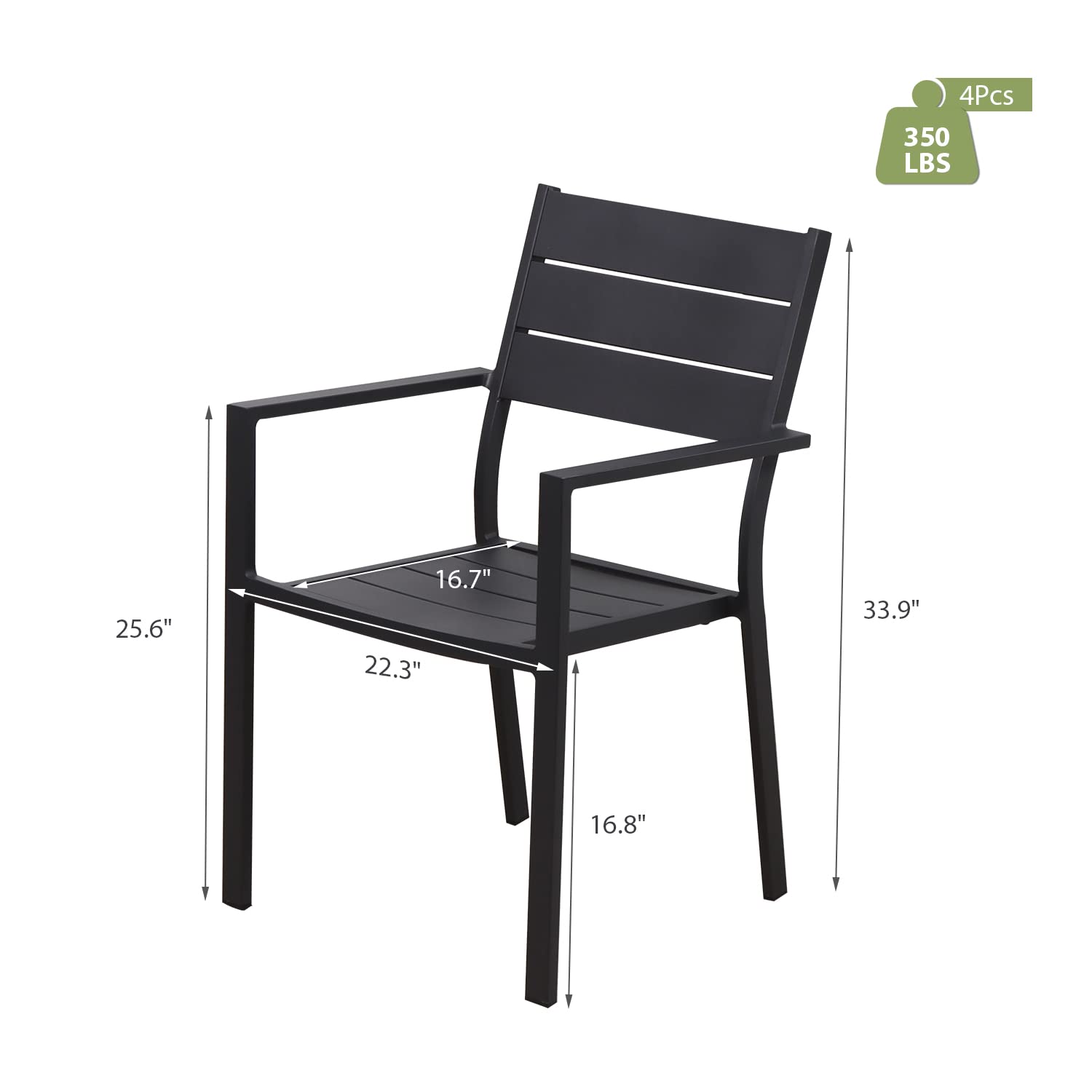 Dining Chair Set of 4, Modern Aluminum Stackable Chairs Patio Dining Chair Coated Weather-Resistant Armchair 350LBS Weight Capacity for Backyard Deck Lawn Garden Black