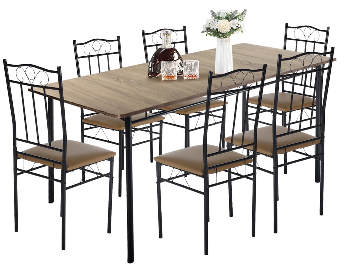 Dining Table Set for 6, Kitchen Table and Chairs for 4-6 People, 7 Piece Kitchen Table Sets, Rectangular Dining Room Table Set with 6 PU Leather Chairs, Beech/Brown