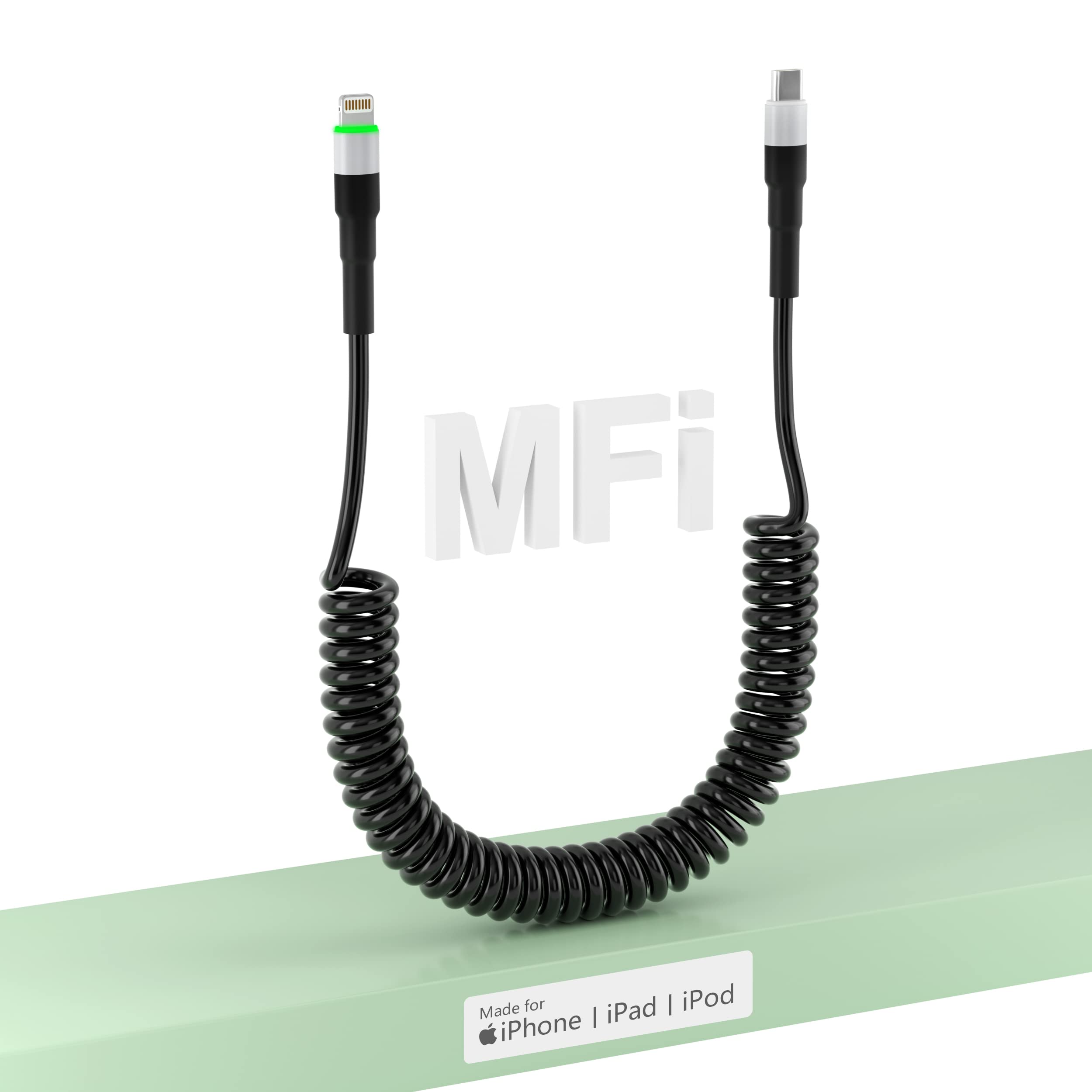 Coiled USB C to Lightning Cable with Apple Carplay, Coiled iPhone Charger Cable [MFi Certified] Apple Carplay Cable Short Retractable iPhone Lightning Charger Cord with LED for iPhone, iPad, iPod
