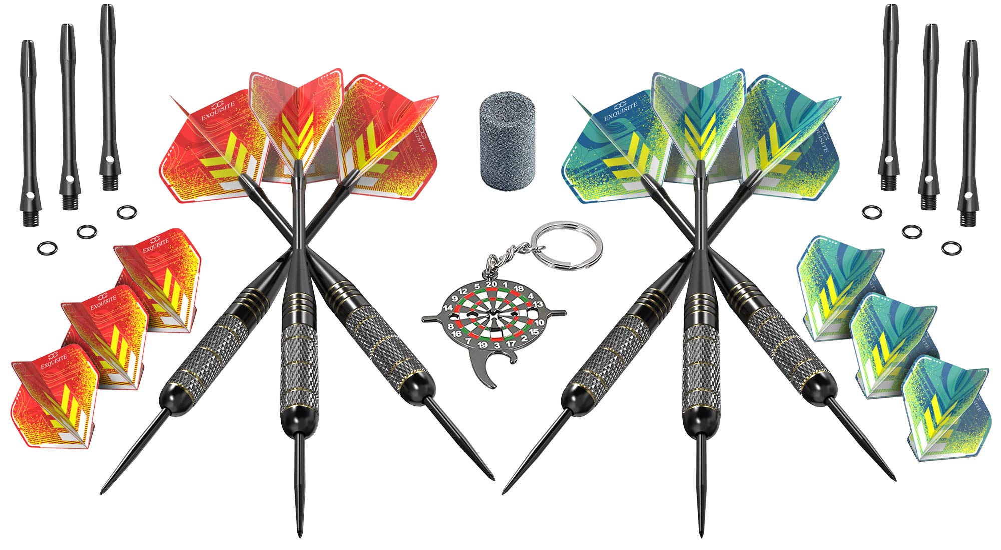 CC-Exquisite Professional Steel Tip Darts Set - 6 x 22g Brass Barrels with 12 Flights Standard/Slim, 12 Aluminum Shafts 35/48mm, 12 O-Rings, Dart Tool (Black - Luminary 18g/22)
