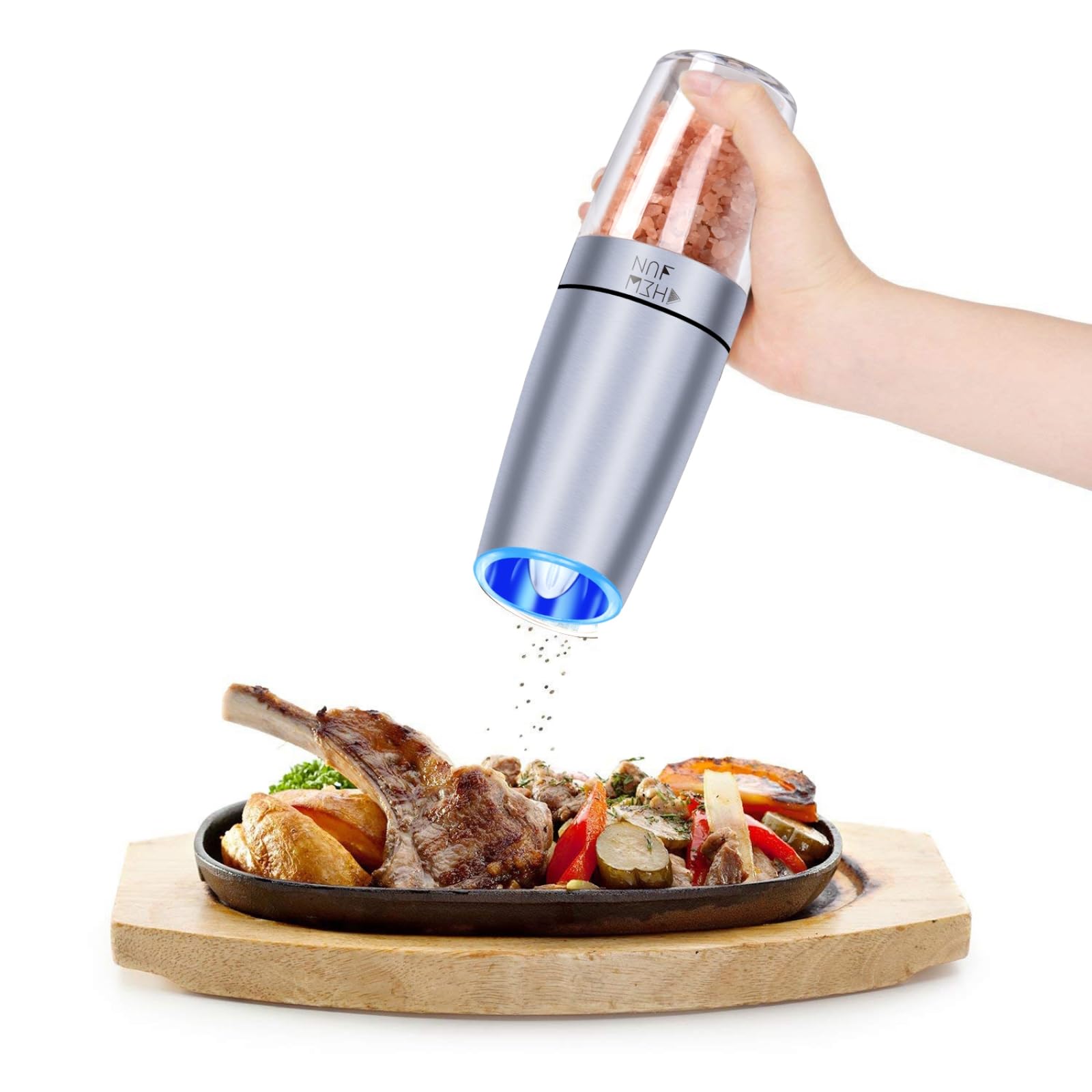 Gravity Salt and Pepper Grinder Set with Adjustable Coarseness Automatic Pepper and Salt Mill Set Battery Powered with Blue LED Light,One Hand Operated,Brushed Stainless Steel by CHEW FUN