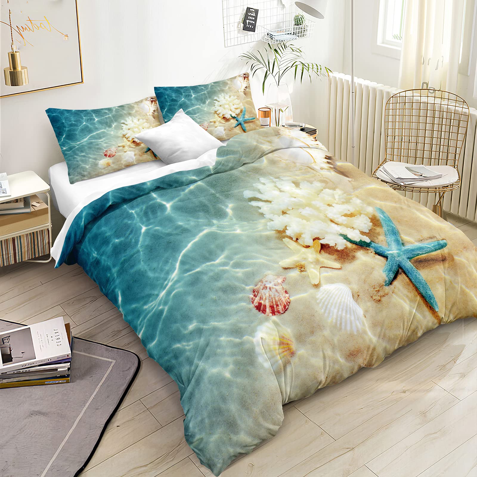 Bedbay Beach Queen Duvet Cover Set,Coastal Bedding Set Queen,Teen Girls Boys Starfish Beach Decor 3 Pieces Microfiber Quilt Cover,Beach Themed Bedding Set for Summer (Turquoise,Queen)