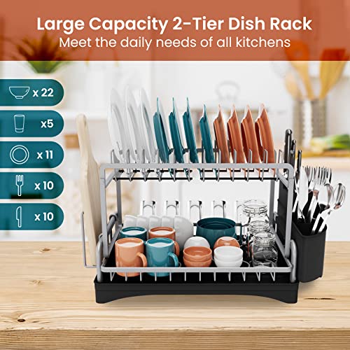 Dailyart Dish Racks for Kitchen Counter Aluminum 2-Tier Dish Drying Rack with Drainboard,Large Capacity 6-in-1 Dish Rack with 360°Swivel Spout, Never Rust Compact Detachable Dish Drainer, Gray