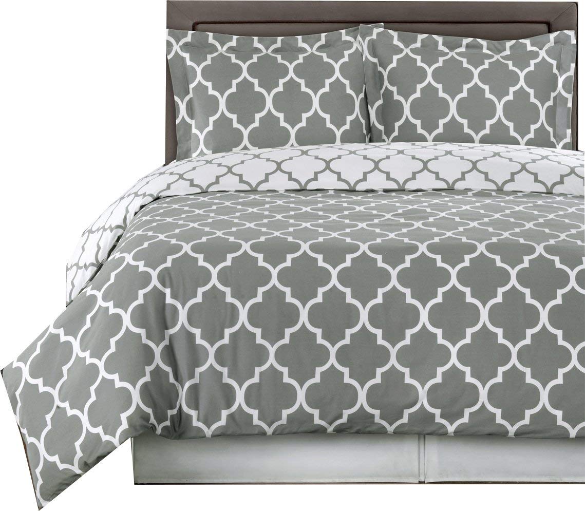 Gray and White Meridian 3-Piece Full/Queen Comforter Cover (Duvet-Cover-Set) 100% Cotton 300 TC