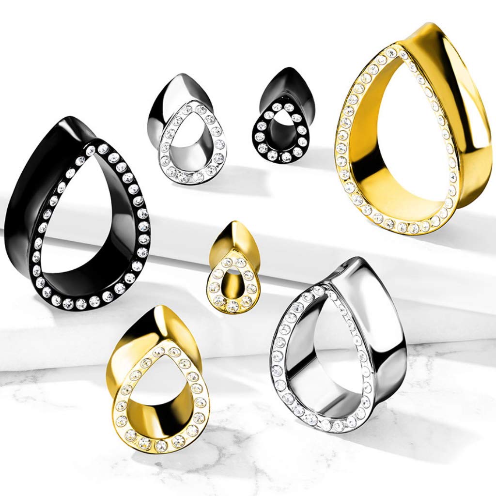BODY DAZZ Pair 0G-25mm Crystal Paved Teardrop Tunnels Brass Plugs Double Flared (Silvertone 0G (8mm))