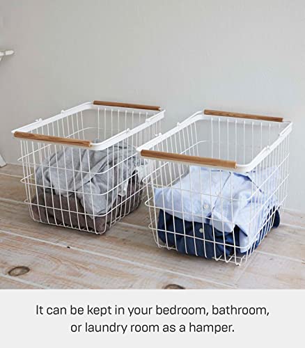 YAMAZAKI home 2809 Laundry Basket with Wooden Handles, Medium, White