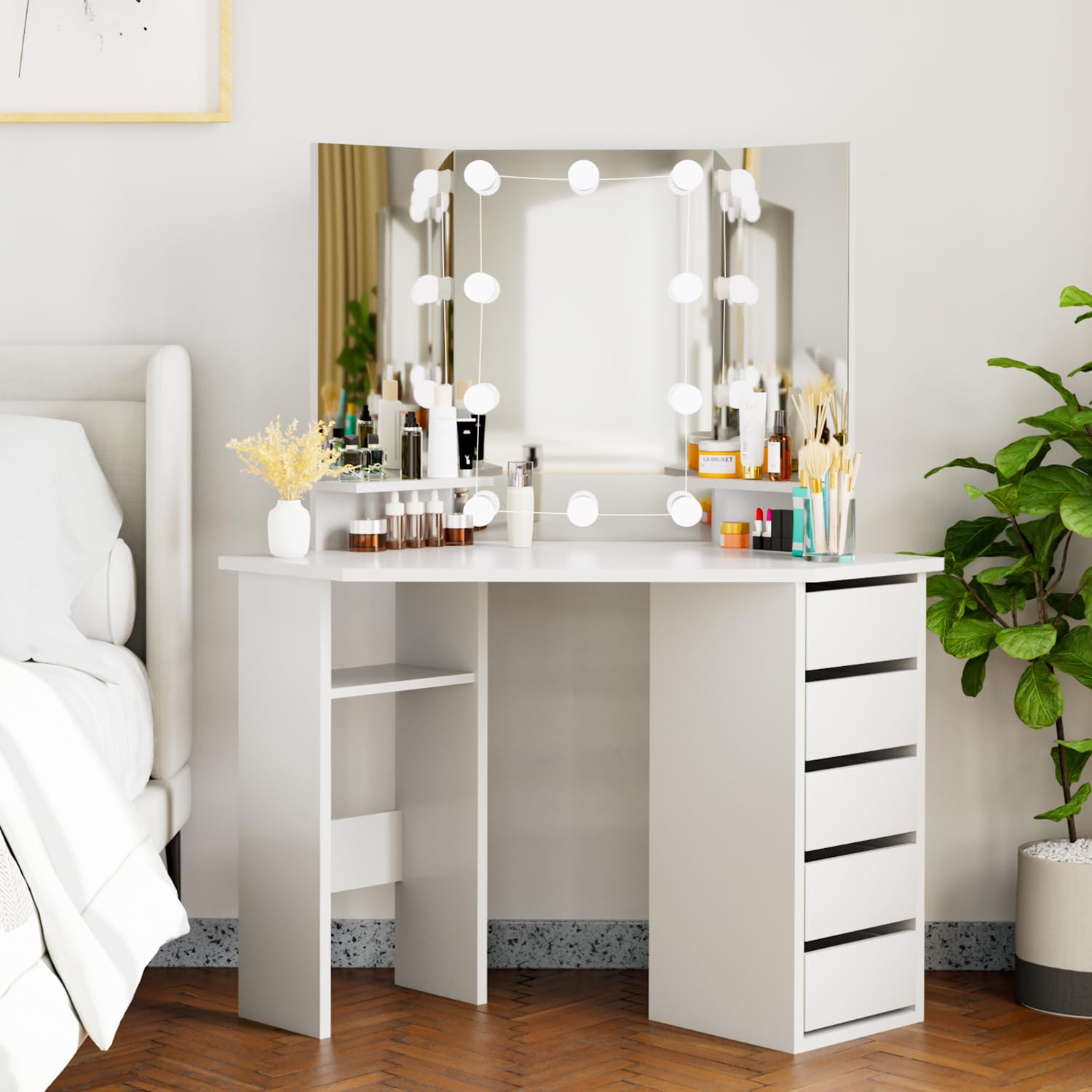 Likein Corner Vanity, Makeup Vanity Desk with Lights, Bedroom White Vanity with Lighted Mirror, Makeup Table with Drawers and Mirror for Women Girls, 3 Lighting Modes Brightness Adjustable