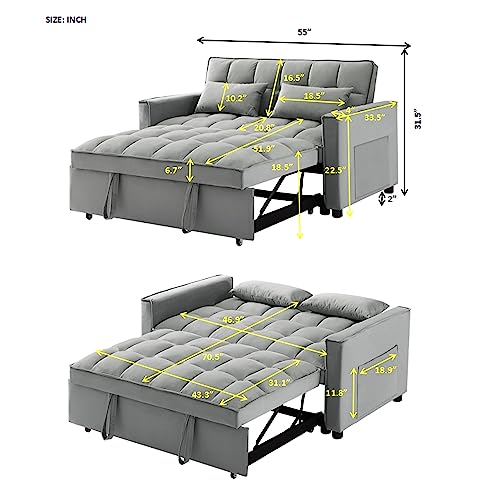 FANYE Loveseat Pull Out Sleeper Bed,2 Seater Sofa & Couch W/Adjustable Backrest Home Apartment Office Living Room Furniture Sets Sofabed, Gray Twin Velvet Two Pillows Both Side Pockets