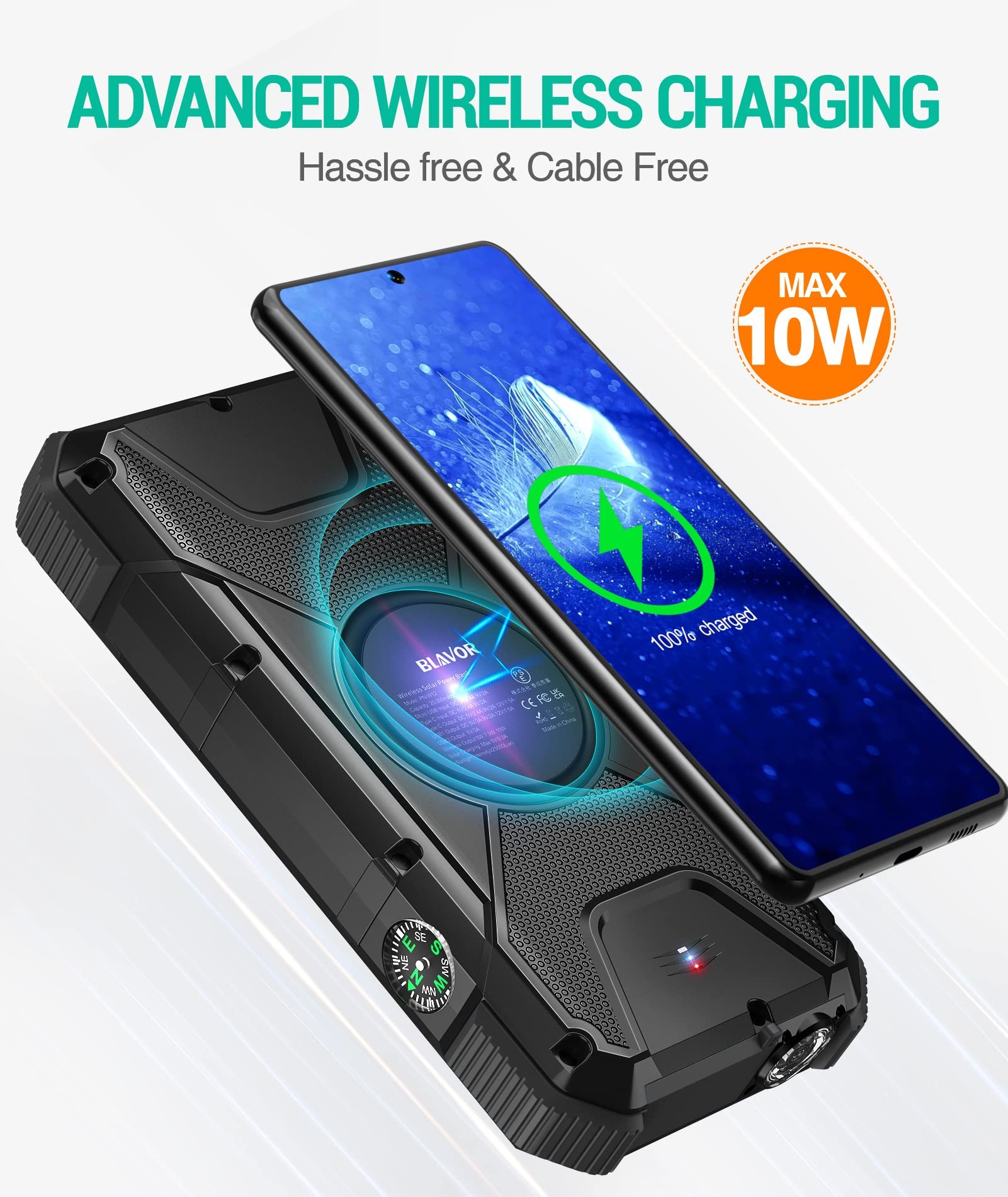 BLAVOR 20000mAh Solar Power Bank π£πππ΄πͺ πππ.π Fast Charging 10W Wireless Charger(Black) Plus 3 in 1 Multi Charging Cable 4FT