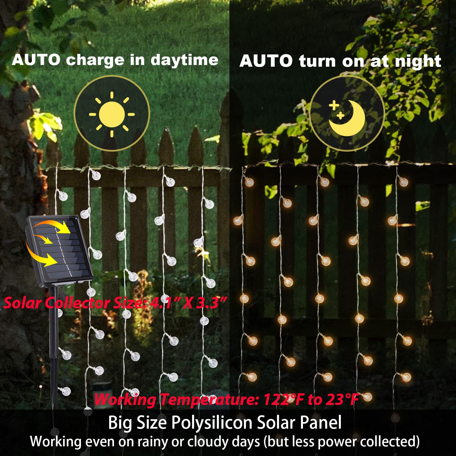 MANBOO LED Curtain Crystal Lights 6.6ft X 5ft 150 Crystal Balls Warm White, Solar Panel with Indicator, Waterproof Outdoor Icicle String Lights for Xmas Patio Garden Party Lawn Balcony Fence Decor