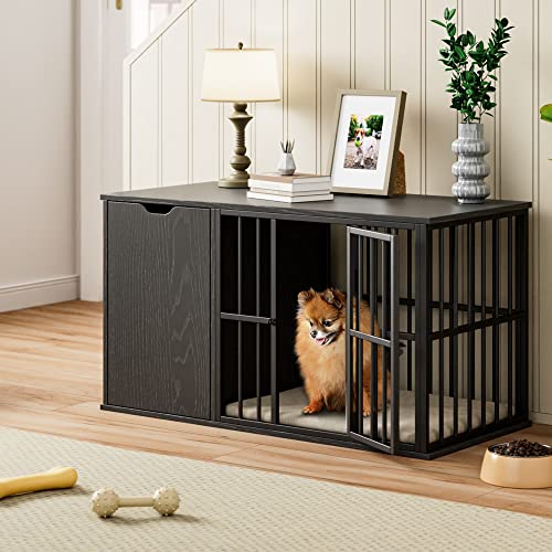 Dog Crate Furniture End Table, Wooden Dog Kennel with Cushion, Decorative Pet Crate House Cage Indoor for Small Medium Dogs, Black