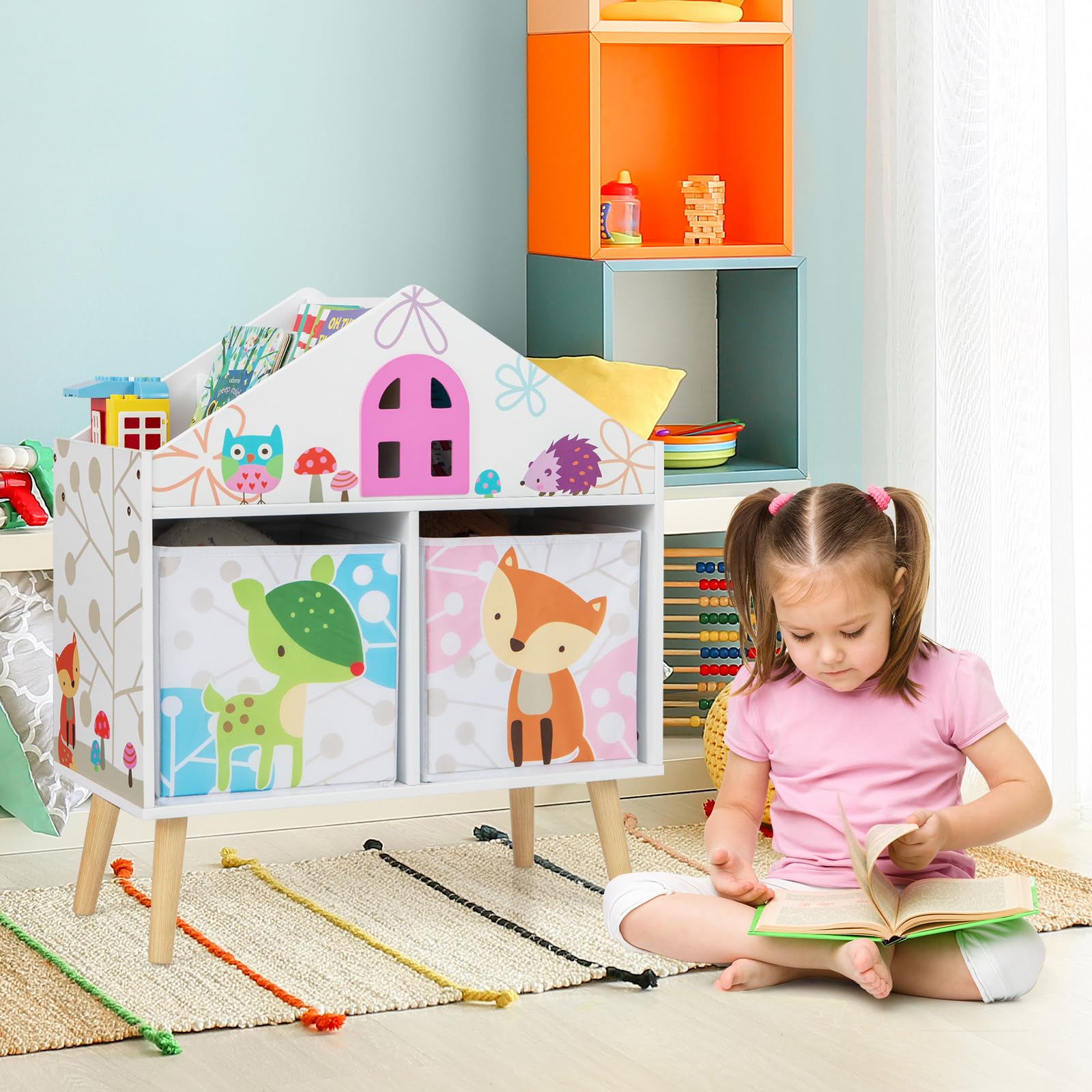 HONEY JOY Toy and Book Organizer for Kids, Wooden Stand Bookcase w/ 2 Storage Bins, Children Toy Storage Chest Box w/Elevated Solid Wood Legs, Toy Storage Unit Organizer for Playroom (White)