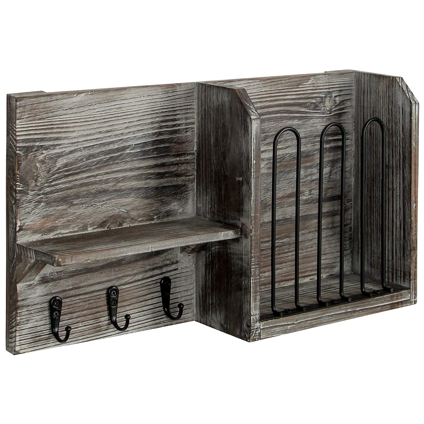 J JACKCUBE DESIGN Wall Mounted Rustic Wood Key & Mail Sorter Organizer with 3 Key Hooks and Shelf - for Entryway or Mud Room β Holds Documents, Bills, Letters, Keys and More- MK232A