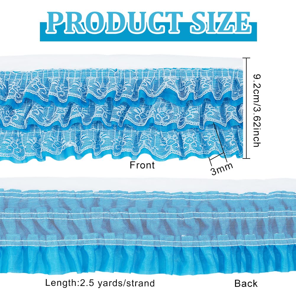 BENECREAT 2.5 Yards 3-Layer Ruffle Lace Pleated Trim, 3-5/8 inch Wide Chiffon Flower Trim Gathered Ribbon for Valentines Decor, Wedding Applique Clothing Sewing Craft DIY, Blue