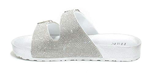 H2K Womens Glitter Double Buckle Adjustable Comfort Slip On Slides Sandals Espen (Silver, 10)