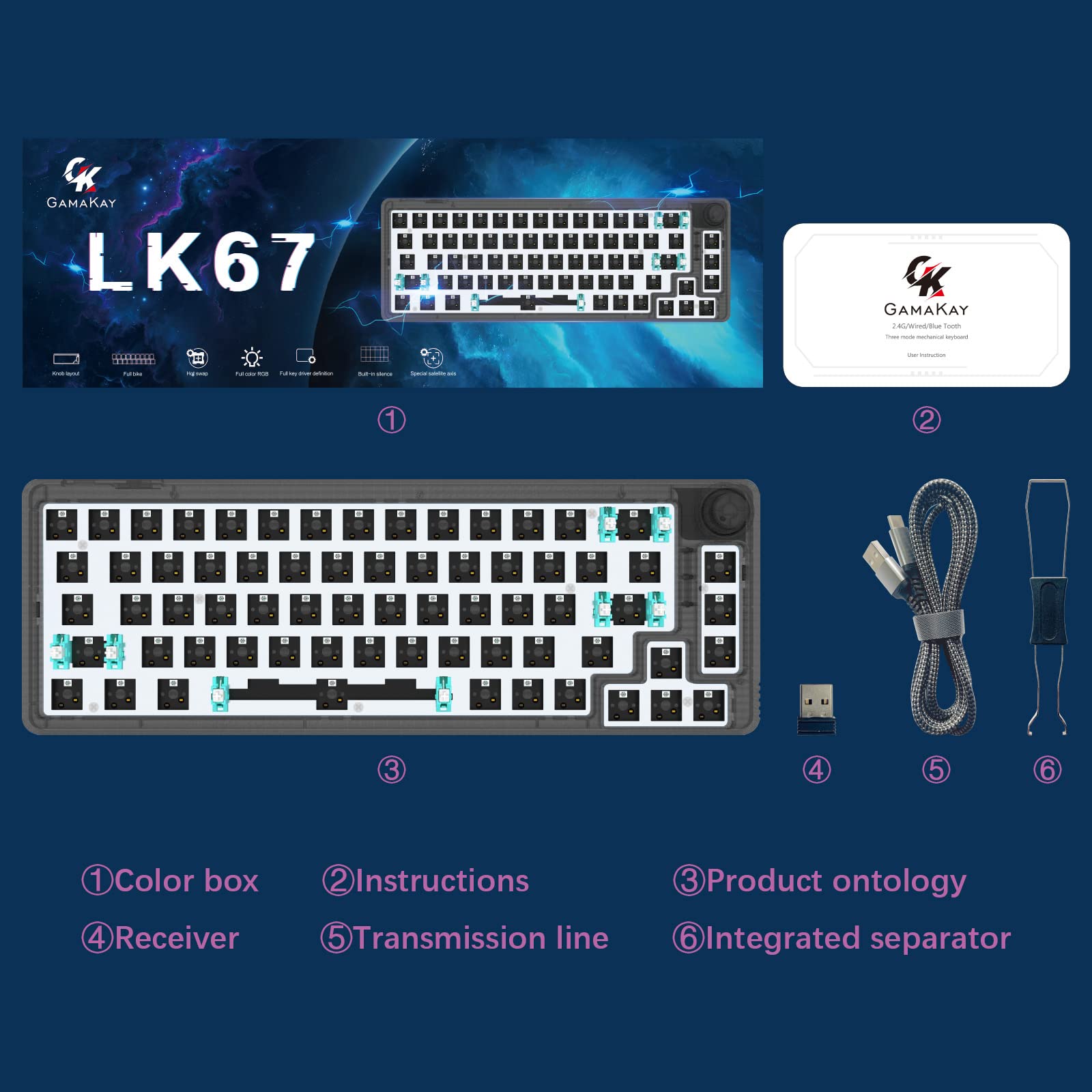 GK GAMAKAY LK67 RGB Modular DIY Mechanical Keyboard, 67 Keys Hot Swap 3pin/5pin Switches, Programmable Triple Mode Bluetooth 5.0/USB-C Wired/2.4GHz Wireless Customized Keyboard Kit (Clear Black)