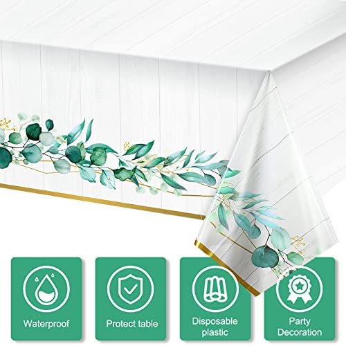 Eucalyptus Leaf Tablecloth Plastic Green Leaves Eucalyptus Table Cover 54 x 108 Inch Disposable Greenery Baby Shower Table Cloths for Home Birthday Wedding Party Supplies Table Decor (3 Pack)