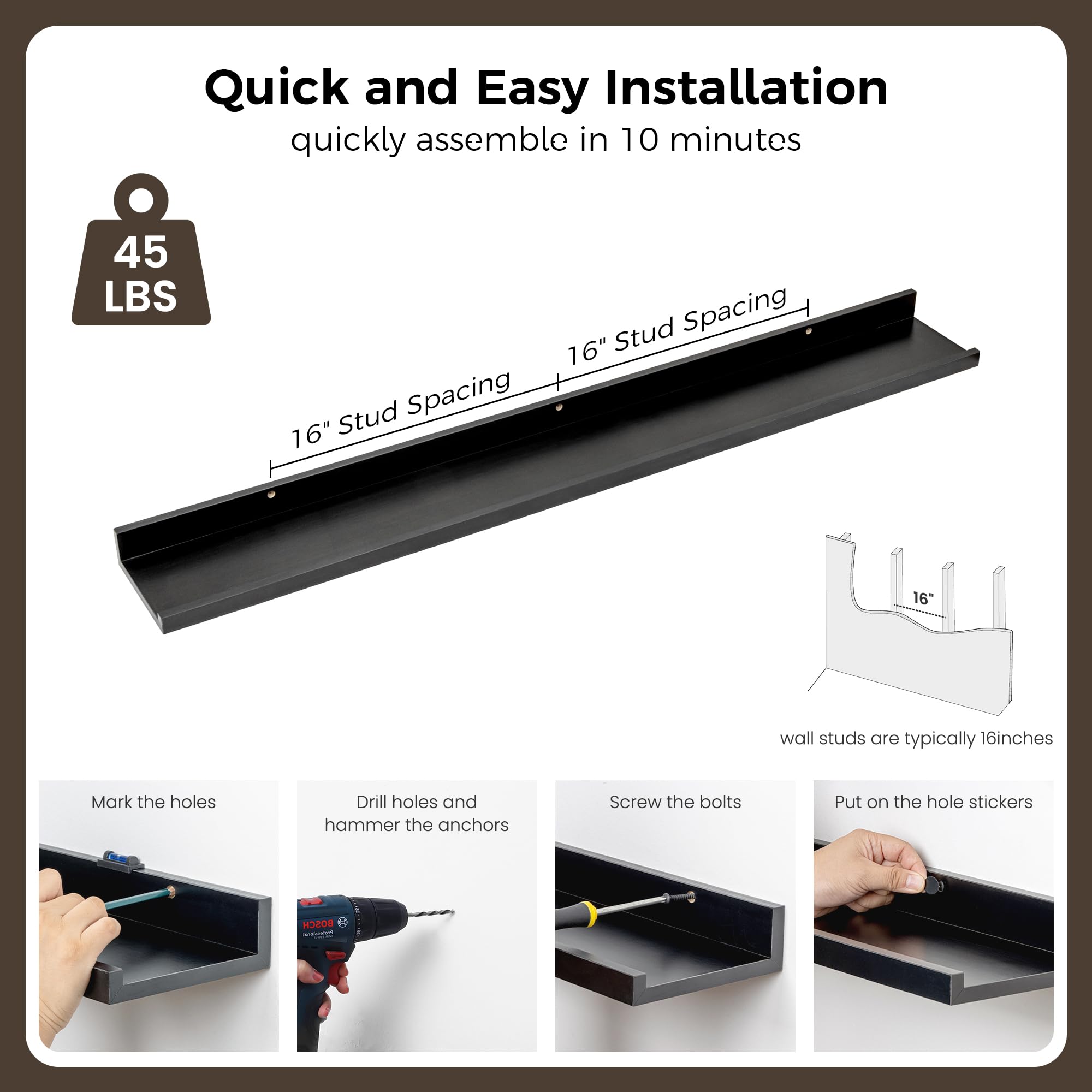 FLYJOE Picture Ledge Wall Shelves 48 inch Width Set of 4, Rustic Large Long Floating Ledge Shelves for Wall for Kid's Room Bedroom Kitchen Bathroom Living Room Nursery Display Wall Decor, Black