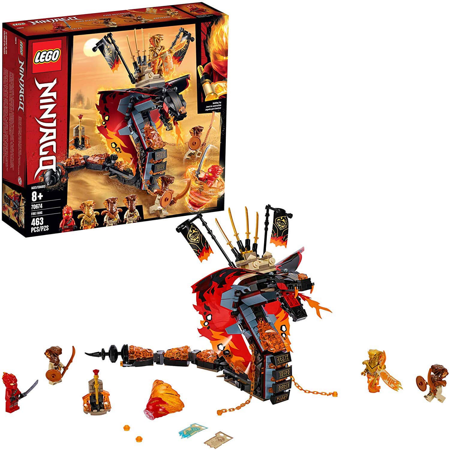 LEGO NINJAGO Fire Fang 70674 Snake Action Toy Building Set with Stud Shooters and Ninja Minifigures Characters, Perfect for Group Play (463 Pieces)