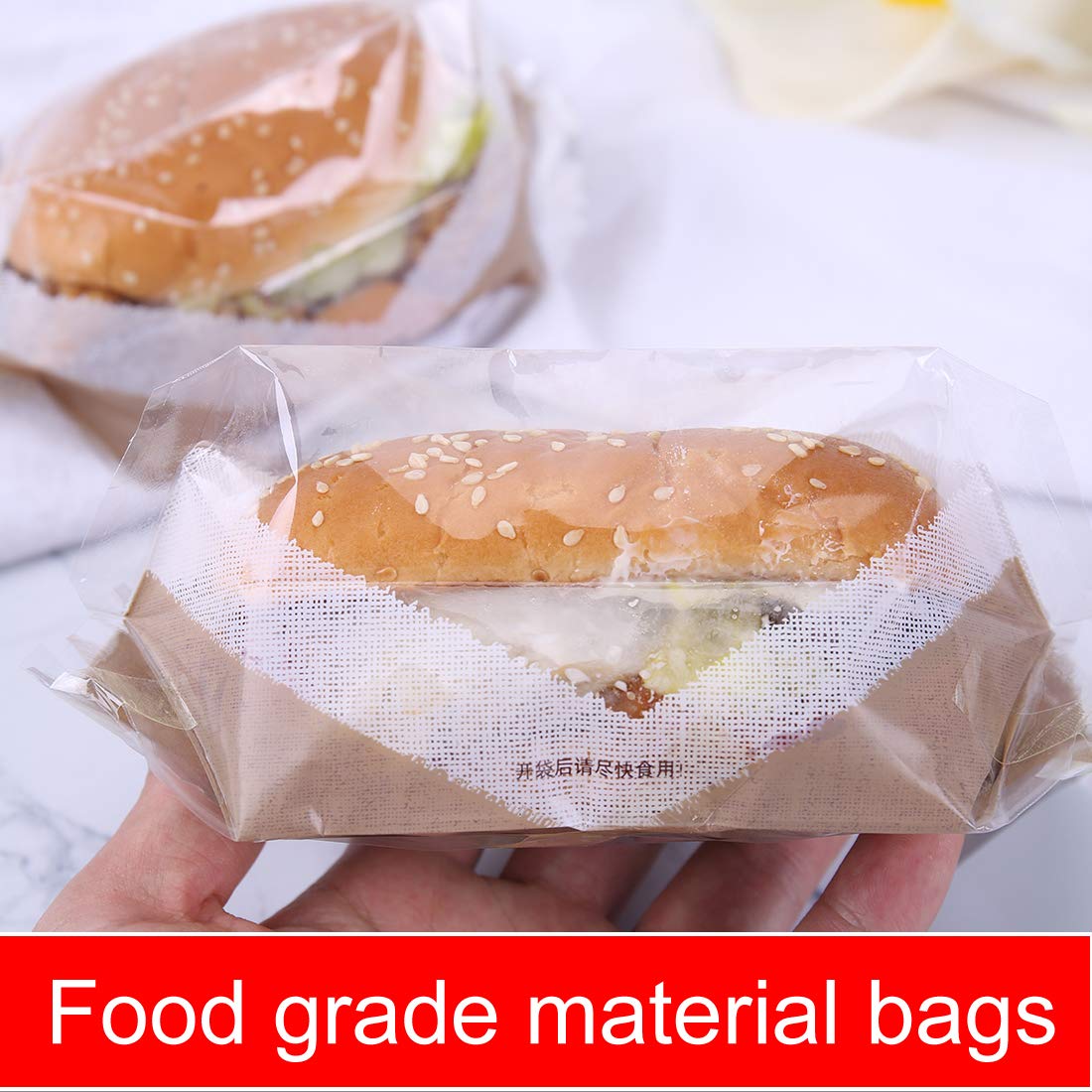 Disposable Plastic To Go Hamburger bag &Stickers,Easy Tear Hamburgers Packing(100pcs),Plastic Burger Containers to Carry Cake Dessert Sandwich,Takeaway Home Use and Party Bake Sale