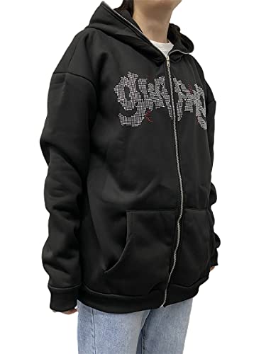 Faretumiya Women Men Rhinestone Hoodie Y2k Graphic Zip Up Unisex Sweatshirt Sparekly Oversized Pullover Jacket Streetwear(black two,Large)