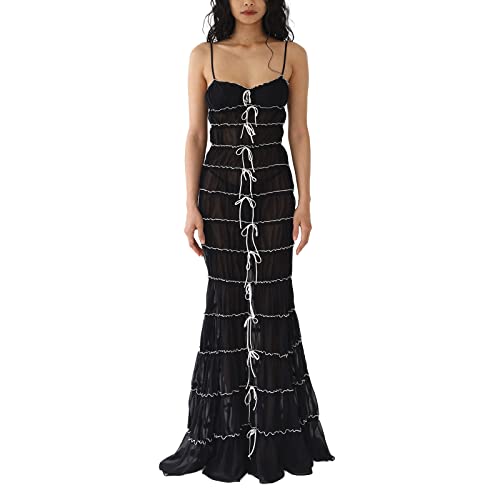 Faretumiya Y2k Ruched Strap Dress for Women Sleeveless Low Cut Cami Bodycon Layered Short Dress Casual Summer Going Out Dress(Long Black,Small)