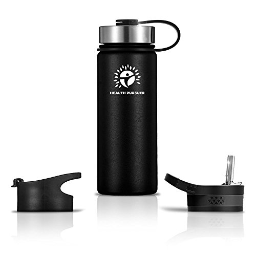 Stainless Steel Water Bottle/Thermos: 40 Oz. Double Walled Vacuum Insulated Wide Mouth Travel Tumbler, Reusable BPA Free Twist Lid Bottles for Hot or Cold Liquid: Bonus Flip & Straw Lids - Black