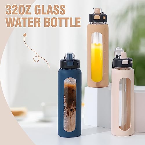 Kodrine Water Bottle with Soft Straw and Carry Loop, 32 oz Glass Water Bottle, Bottle with Locking Lid Leakproof, Sports Water Jug, Motivational Drinking Bottles for Gym Travel Home, Amber